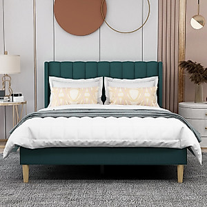 AGARTT Upholstered Platform Bed Frame Full Size with Headboard and Footboard/Wooden Slats Support/No Box Spring Needed/Easy Assembly,Green Velvet