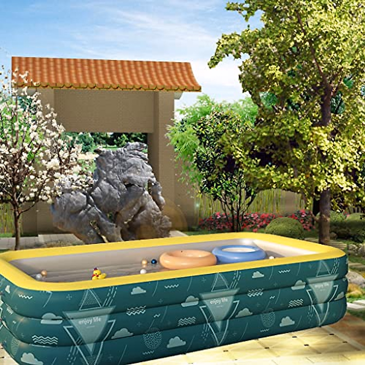 QMMD Paddling Pools for Kids,3-Ring Inflatable Paddling Pools Family Pool,Paddling Pool Large 59X40X21inch, Easy Set Rectangular Pool Adult Bath Tub with Electric Pump for Kids Water Party Garden