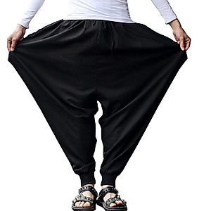 ONTTNO Men's Harem Pants Loose Stretchy Waist Casual Hippie Trousers (Black)