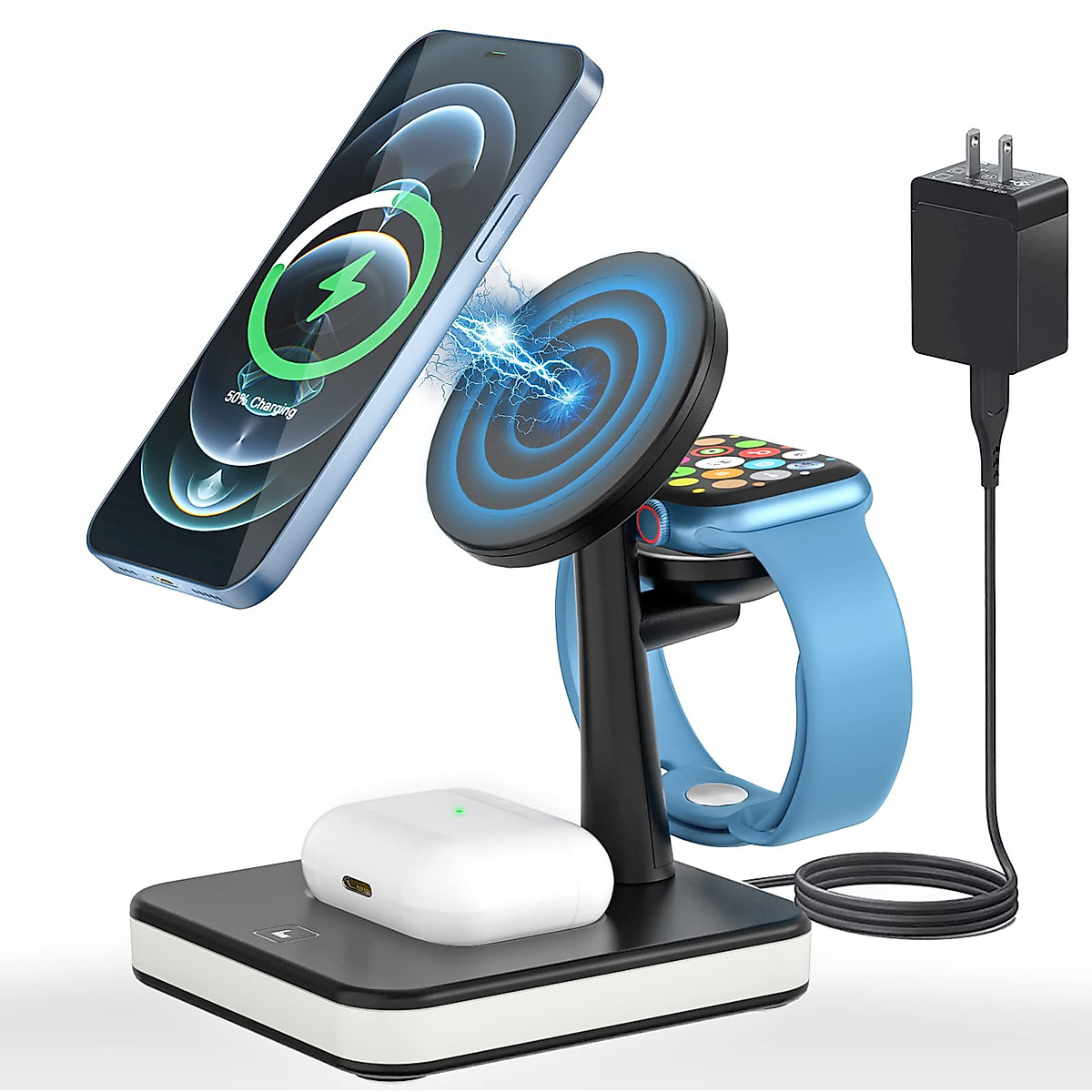 Magnetic Wireless Charging Station, 15W Fast Wireless Charger 4 in 1 MagSafe Charger Stand for iPhone 13/12/Pro/Pro Max/Mini, iWatch and Airpods 3/2/Pro with Night Light (18W QC3.0 Adapter Included)