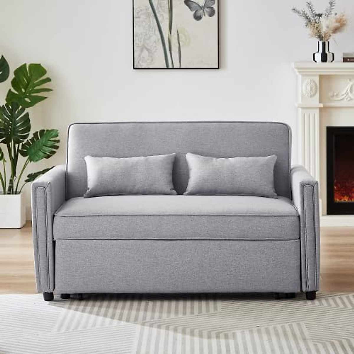 akucvor 54" Sleeper Sofa Bed, Convertible 3 in 1 Loveseats Sofa Bed with Lumbar Pillows, Multi-Function Linen Pull Out Sofa Bed with Adjustable Backrest for Living Room Bedroom, Gray