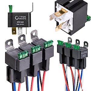 TRUE MODS 6 Pack 4-Pin 12V Bosch Style Fused Relay Switch Kit [Interlocking Harness Socket Holder] [14 AWG Hot Wires] [SPST] [30 Amp] 12 Volt Automotive relays with Fuse for Auto Cars