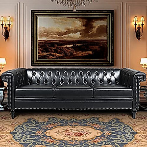 Vaztrlus Chesterfield Sofas Couches for Living Room, Square Arm 3-Seater Faux Leather Large Couch Deep Button Nailhead Tufted Black Upholstered Couches for Bedroom, Office Easy to Assemble