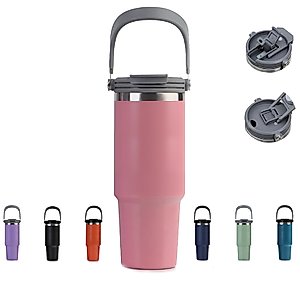 Insulated Straw Mug, 30 oz Anti-Leak Tumbler with 3-Way Lid: Sip, Straw, or Pour - Stainless Steel Travel Coffee Mug Fit Cupholder with Easy-to-carry Handle (Pink)