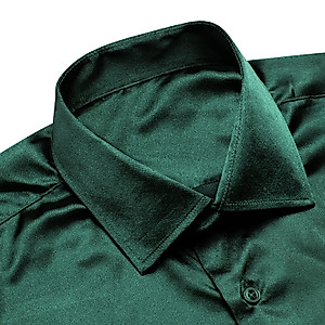 Hi-Tie Stretch Satin Solid Mens Dark Green Dress Shirt Long Sleeve Regular Fit Button Down Shirt for Party Prom Dinner