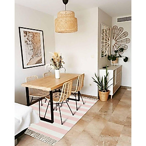 Pink Stripe Bath Rug 2x3ft Woven Bathroom Entryway Runner Rug,White Geometric Striped Modern Boho Minimalist Art Washable Living Room Hallway Bedroom Kitchen Carpet with Tassels Indoor Throw Doormat