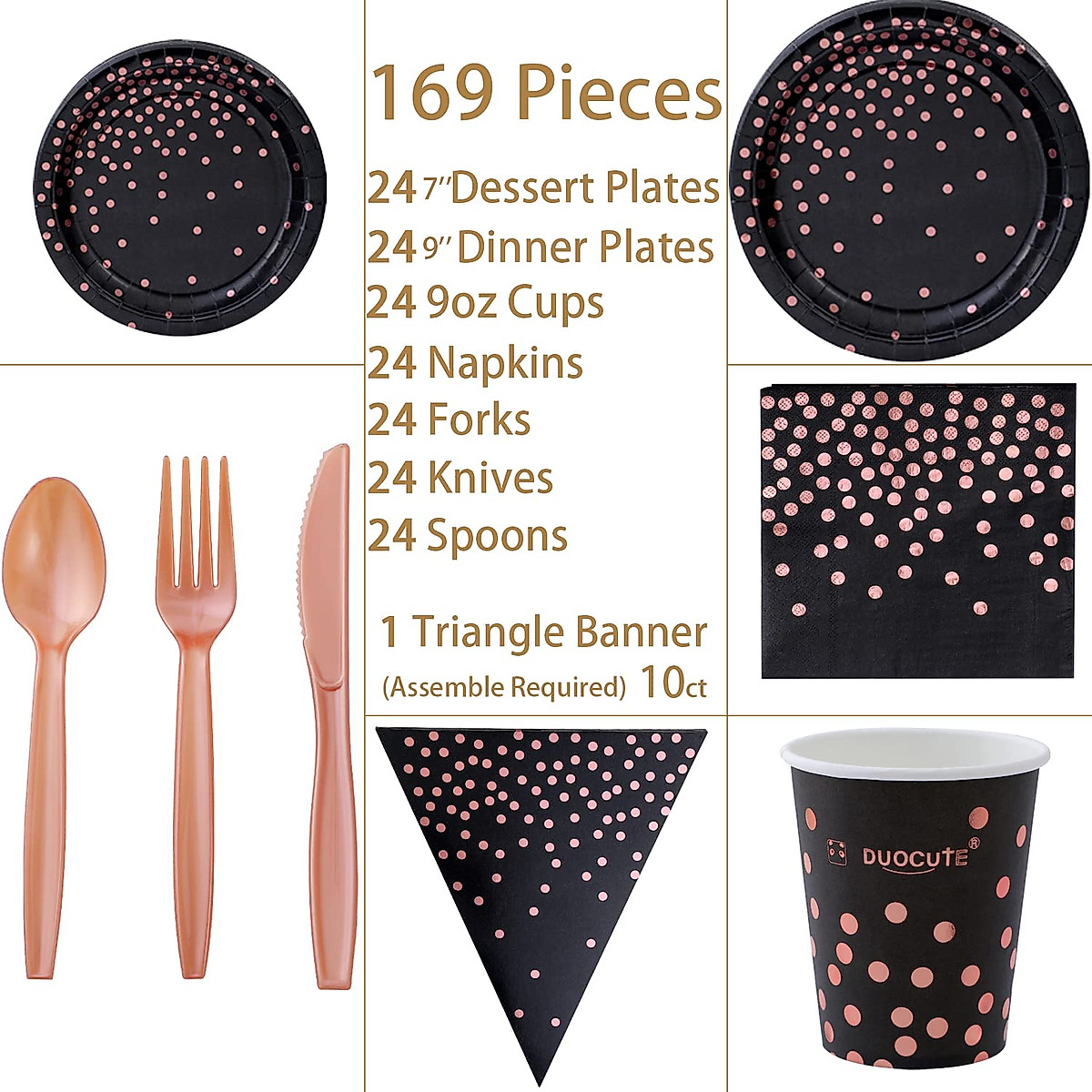 Black and Rose Gold Party Supplies 169 Pieces, Rose Gold Dot Black Paper Plates, Napkins, Cups, Cutlery, Banner for Graduation, Birthday, Cocktail Party, Retirement Party, Serve 24