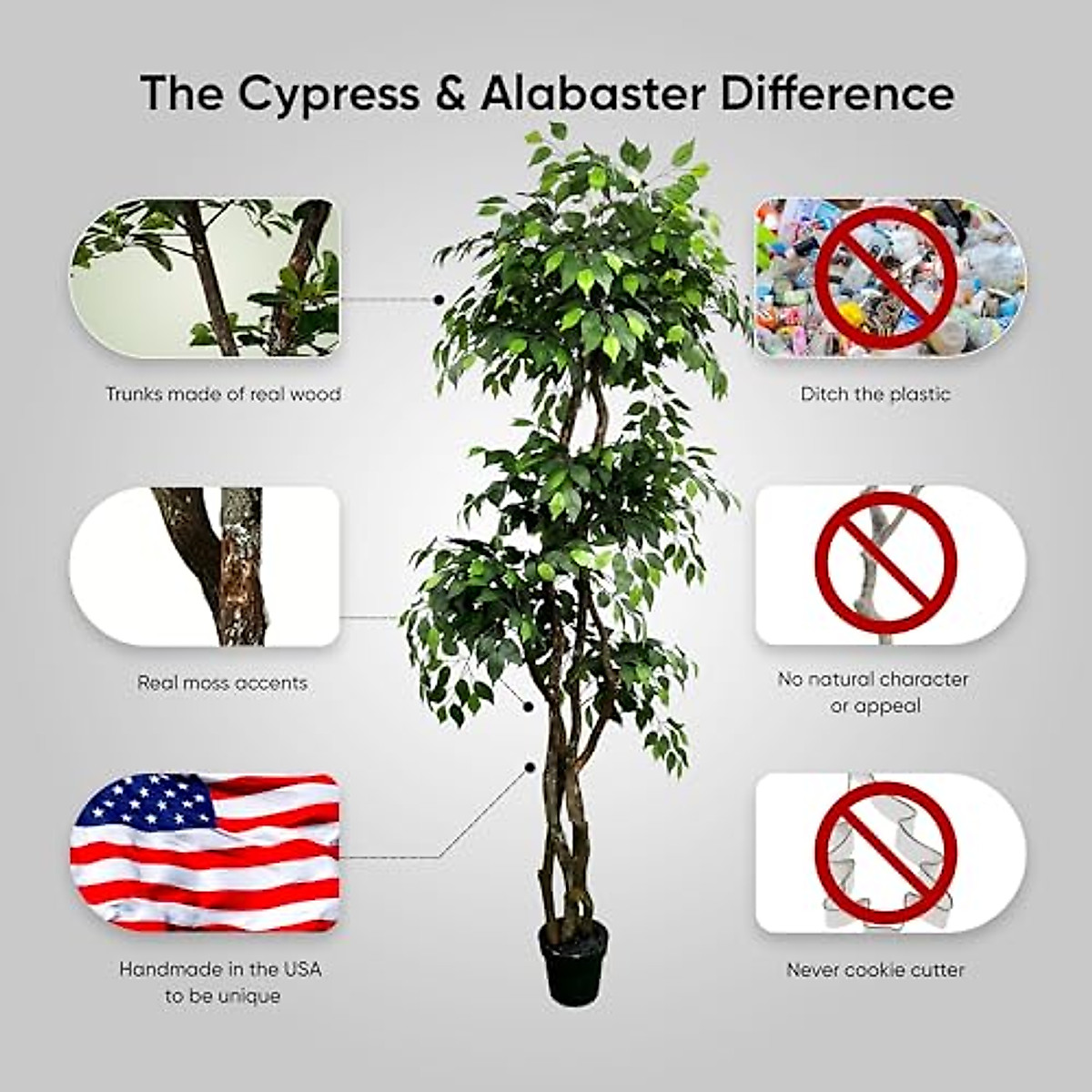 Hand-Made 6.5' Ficus Artificial Tree with Ethically Sourced Real Wood Trunks | Green | Cypress & Alabaster