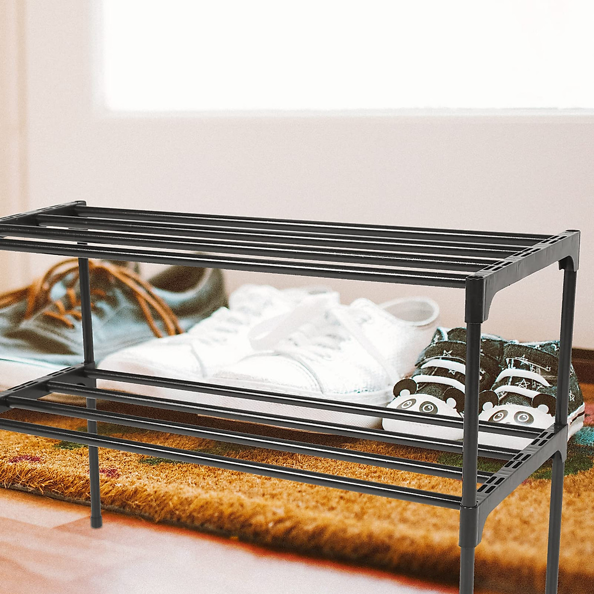 2 Tiers Shoe Shelf Metal Shoe Rack 2- Tier Stackable Shoe Rack Stainless Steel Shoe Organizer Storage Shelf for Bedroom Closet Entryway Black Kids Bookshelf