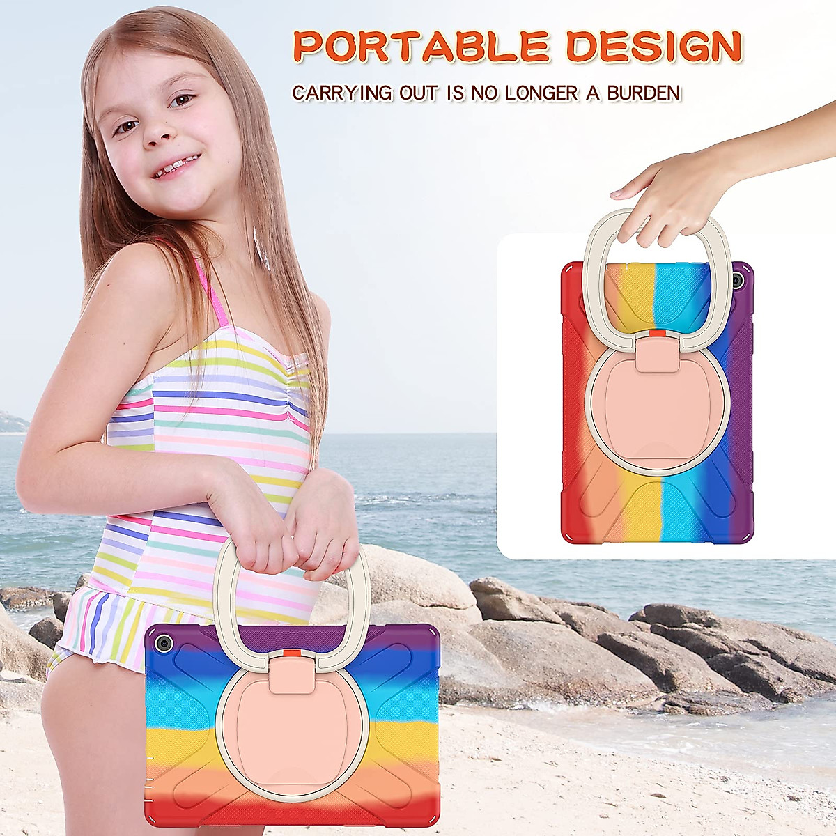 360 ° Rotation Portable Case for Fire HD 10 & 10 Plus Tablet (11th Generation, 2021 Release) Rugged Case Rotating Stand Hand Strap Shoulder Carrying Strap Outdoor Cover (Colourful Red)