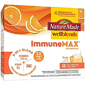 Nature Made Wellblends ImmuneMAX Fizzy Drink Mix, Vitamin C 2000mg with Zinc 20 mg, Vitamin D3 1000 IU (25 mcg), plus Seven B Vitamins and Electrolyte Hydration Blend, 30 Stick Packs