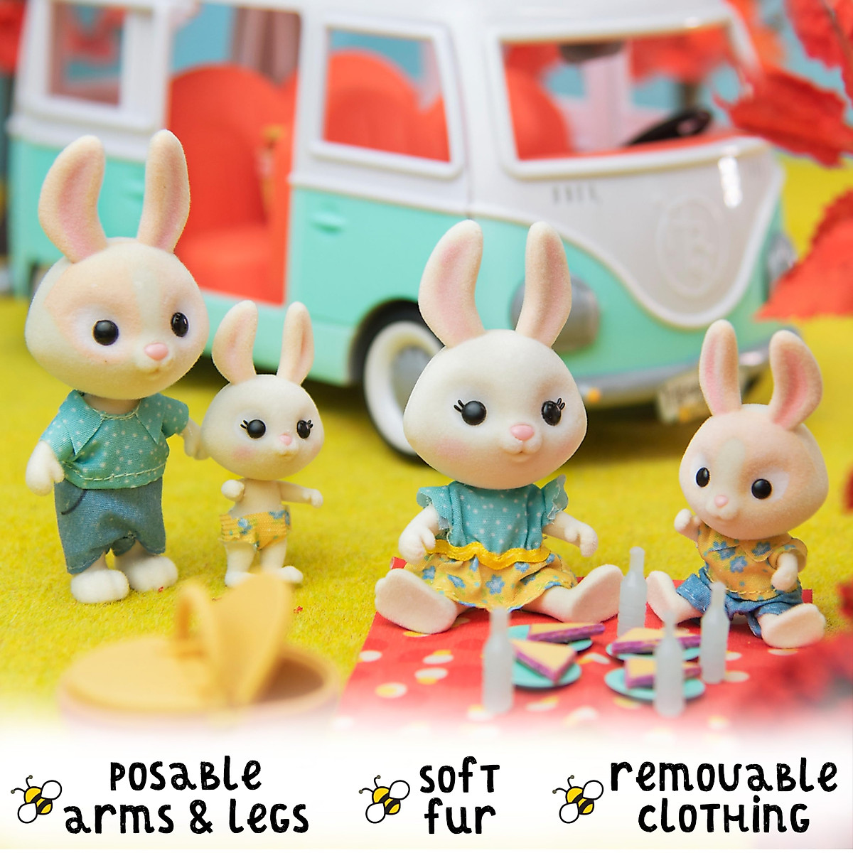 Honey Bee Acres The McScampers Rabbit Family, 4 Mini Flocked Doll Play Figures, Bunny Collectibles, Pretend Play Toys for Kids, Valentines, Easter Basket, Birthday Gift for Girls 3+