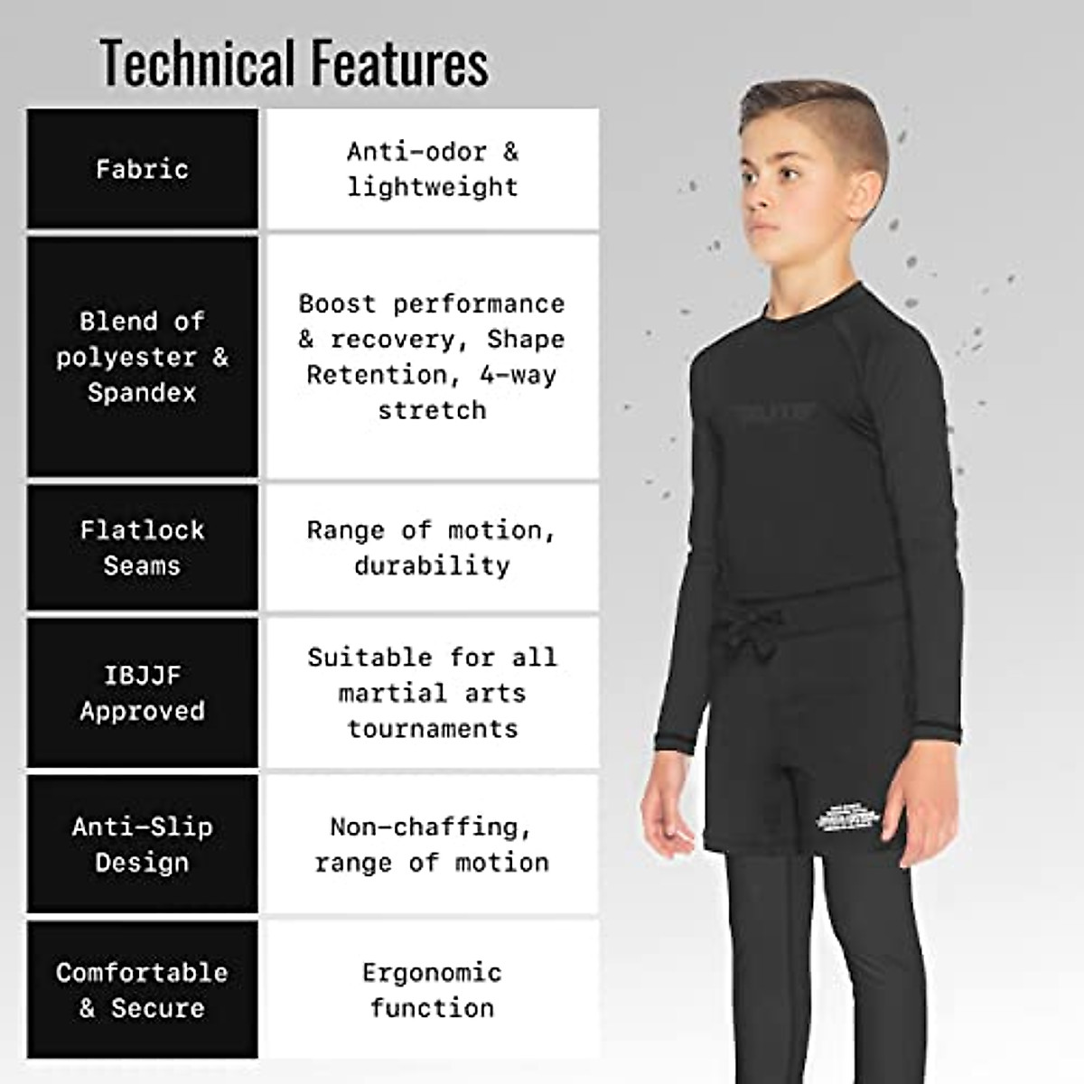 Elite Sports Rash guards for boys and girls, full sleeve compression BJJ kids and youth rash guard (Black, Medium)