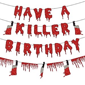 Saliyaa Halloween Horror Birthday Party Decorations Banner,Have a Killer Birthday Banner,Red Blood Drop Garland,Friday The 13th Birthday Party Decor,Happy Birthday Vampire Killer Party Decorations