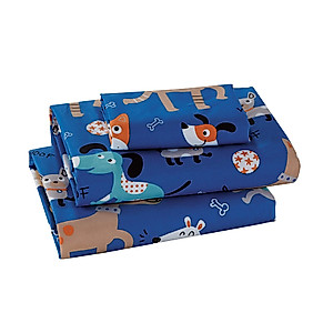 Better Home Style Playing Puppy Blue Kids/Boys/Toddler 3 Piece Sheet SetWith Woof Woof Wagging Dogs Pups and Puppies Includes Pillowcase Flat and Fitted Sheets # Blue Dog (Twin)