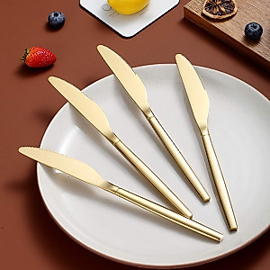 Berglander Gold Dinner Knives Set Of 4, Titanium Shiny Gold Plating Stainless Steel Dinner Knife, Butter Knife Table Knives Dishwasher Safe