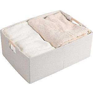 LaMorée Fabric Storage Bin Box Foldable Cotton Linen Storage Basket with Wooden Handles Rectangular Cube Decorative Home Laundry Organizer Clothes Blanket Container – Beige, Medium