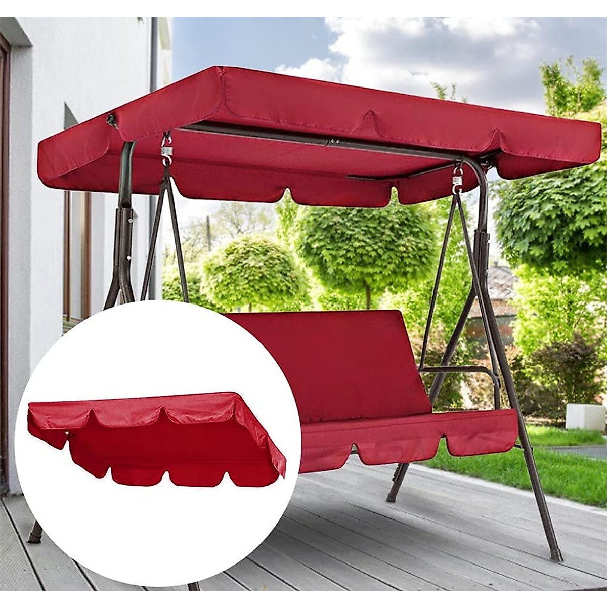 Outdoor Swing Canopy Replacement,Waterproof Patio Chair Top Cover for Swing, 2 & 3 Seater Garden Porch Seat Furniture Sun Shade Patio Swing Hammock Top Sunproof Cover for Patio Garden Yard (E/Red)