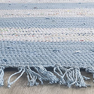 SAFAVIEH Montauk Collection 2'3" x 7' Ivory / Turquoise MTK720C Handmade Stripe Fringe Cotton Runner Rug