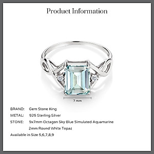 Gem Stone King 2.34 Cttw Sky Blue Simulated Aquamarine and White Topaz Women Ring In 925 Sterling Silver | Emerald Cut 9X7MM | Gemstone Birthstone | Available In Size 5, 6, 7, 8, 9