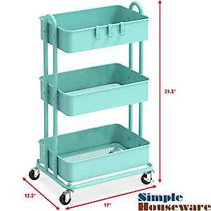 Simple Houseware Heavy Duty 3-Tier Metal Utility Rolling Cart, Turquoise
