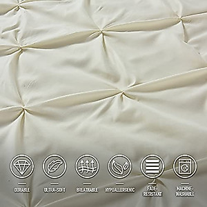 Tyfitb Pinch Pleat Duvet Cover King Size Beige Oversized Duvet Cover Set 3 Piece Floral Pintuck Bedding Set with Zipper Closure
