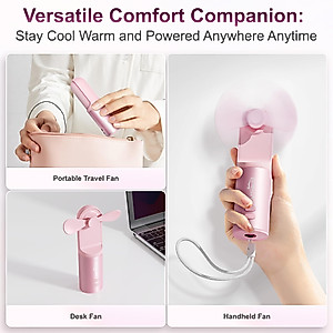 Portable Handheld Mini Fan, 4 in 1 Rechargeable Usb Fan, Small Hand Fan,Personal Desk Fan with Power Bank, Hand Warmer,Flashlight for Travel Camping