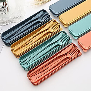 WJINGS 4 Sets Wheat Straw Cutlery, Portable Cutlery Set, Reusable Travel Flatware Set, for Lunch Boxes Workplace Camping School Picnic or Daily Use (Green, yellow, orange, blue)
