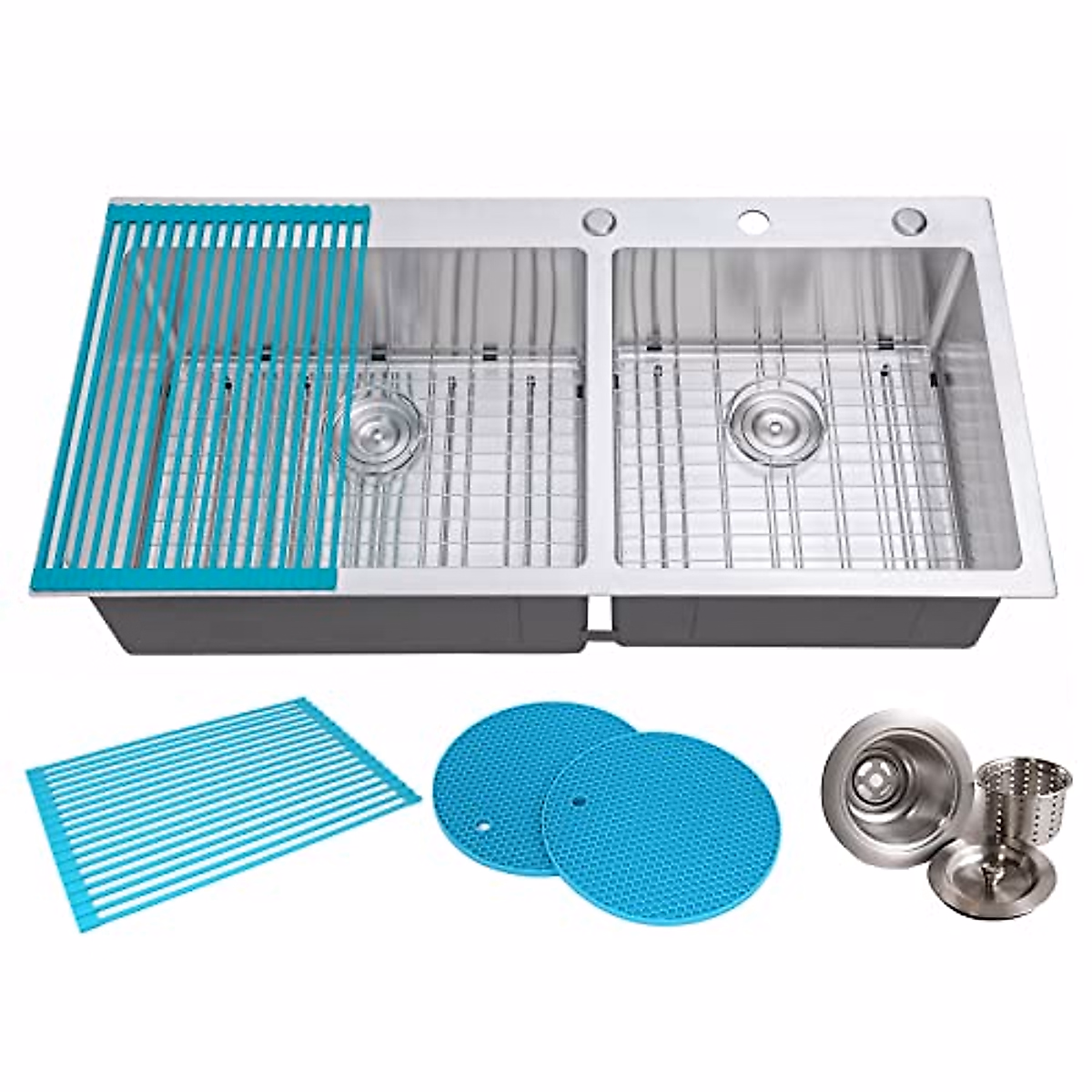 43 Inch Drop In Topmount Stainless Steel Super Sized Kitchen Sink 16 Gauge Double Bowl Basin w/ 9 Gauge Deck - Complete Sink Pack