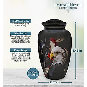 Honorary Memorials Patriotic Hearts Eagle Urn for Human Ashes | American Flag Cremation Urn for Adults, Cremation Urn for Veteran, Cremation Urns Medium Size, Handmade Funeral Urns with Velvet Bag