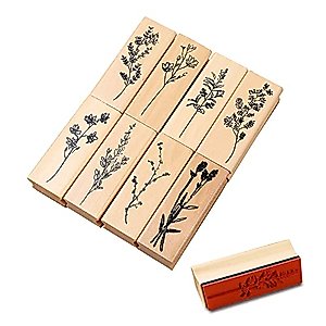 DIYOMR Wooden Rubber Stamps Flower Plant Stamps Set Floral Stamp Vintage Decorative Wood Stamp for Scrapbooking | Painting | Letters Diary | DIY Crafting | Card Making, 8 Packs (Flower&Plant)