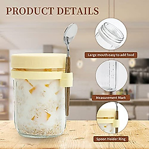 Laojbaba Overnight Oats Containers with Lid and Spoon 16oz Overnight Oats Jars with Lid 4 Pack Large Capacity Airtight Jars for Milk, Cereal, Fruit (Yellow,White,Pink,Green(Pack of 4))