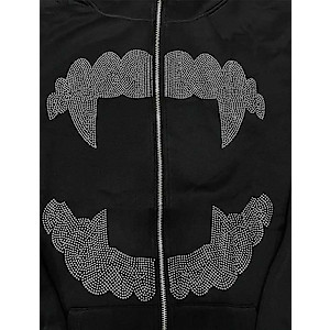 Easyoyo Men Women Y2K Rhinestone Jacket Full Zip Up Hoodies Skeleton Graphic Hooded Sweatshirt Zip-Up Hoodie