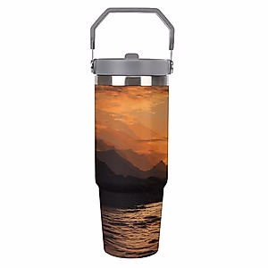 Mountain And Water at Sunset 30oz Stainless Steel Insulated Tumbler with Straw & Foldable Handle - Leakproof, Double-Wall Vacuum Travel Thermos for Hot/Cold Drinks, Non-Slip Base, Fit Cup Holders