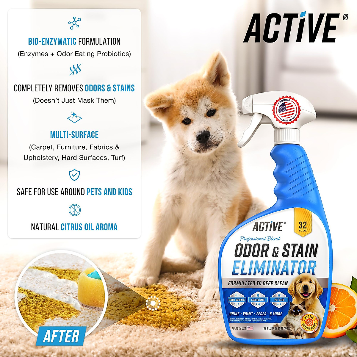 Pet Odor and Stain Eliminator - 32 oz ACTIVE Enzyme Cleaner for Dog & Cat Urine, Stain Remover Spray for Carpet, Upholstery, Hardwood, Spot Cleaning, Deodorizer for Dogs Cats Pets - Natural Citrus Oil