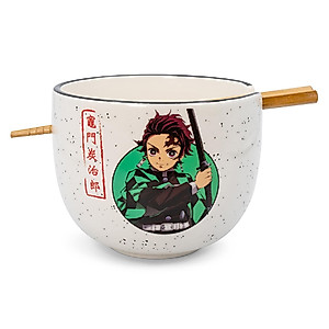 Demon Slayer Tanjiro Kamado Japanese Ceramic Dinnerware Set | Includes 16-Ounce Ramen Noodle Bowl and Wooden Chopsticks | Asian Food Dish Set For Home & Kitchen | Anime Manga Gifts and Collectibles