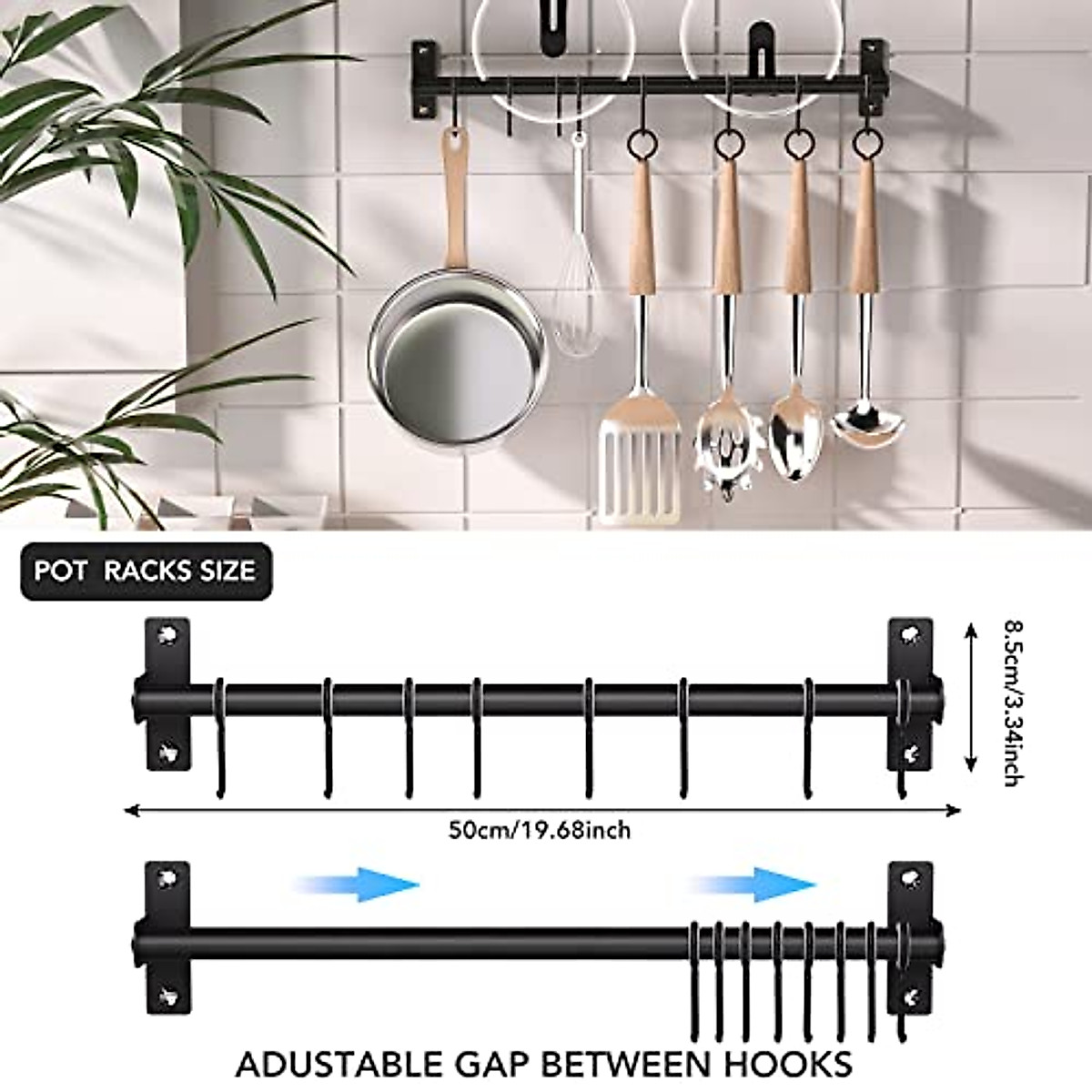 20 Inch Pot Rack Wall Mounted - Pot and Pan Hanger Kitchen Pan Lid Utensil Hanger Organizer Hanging Rail with 16 S Hooks Black 2-Pack