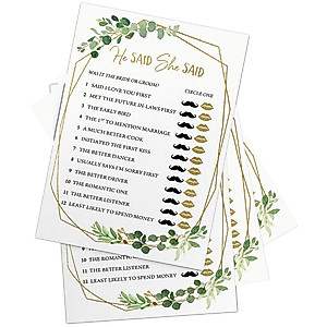 Printed Party Bridal Shower Games – He Said She Said Game with Fun Bride and Groom Trivia, Wedding Shower Activity, Botanical Greenery Theme, 50 Guests