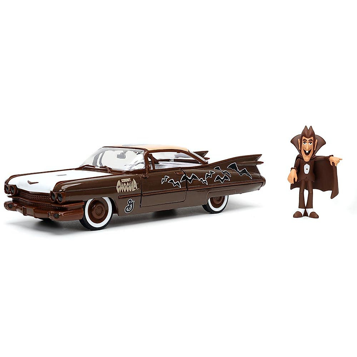 Jada 1959 Cadillac Coupe DeVille Brown and White with Graphics and Count Chocula Diecast Figurine Hollywood Rides Series 1/24 Diecast Model Car