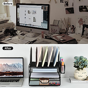 ORDROLL Desk Paper Organizers and Accessories - 4-Tier Paper Letter Tray Organizer with File Holder,Drawer and 2 Pen Holders,Desk Accessories & Workspace Organizers for Office,School,Home (Black)