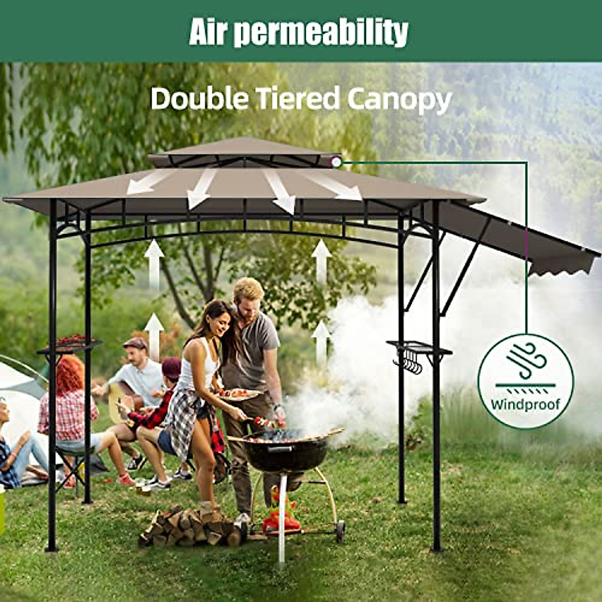DikaSun Grill Gazebo 11x5 Double Tiered with Extra Shadow BBQ Waterproof Canopy Outdoor Gazebos for Patio, Backyard(Beige)