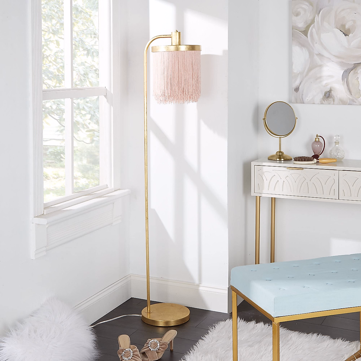 Decor Therapy Framboise Fringe Shade Floor Lamp, Gold Leaf