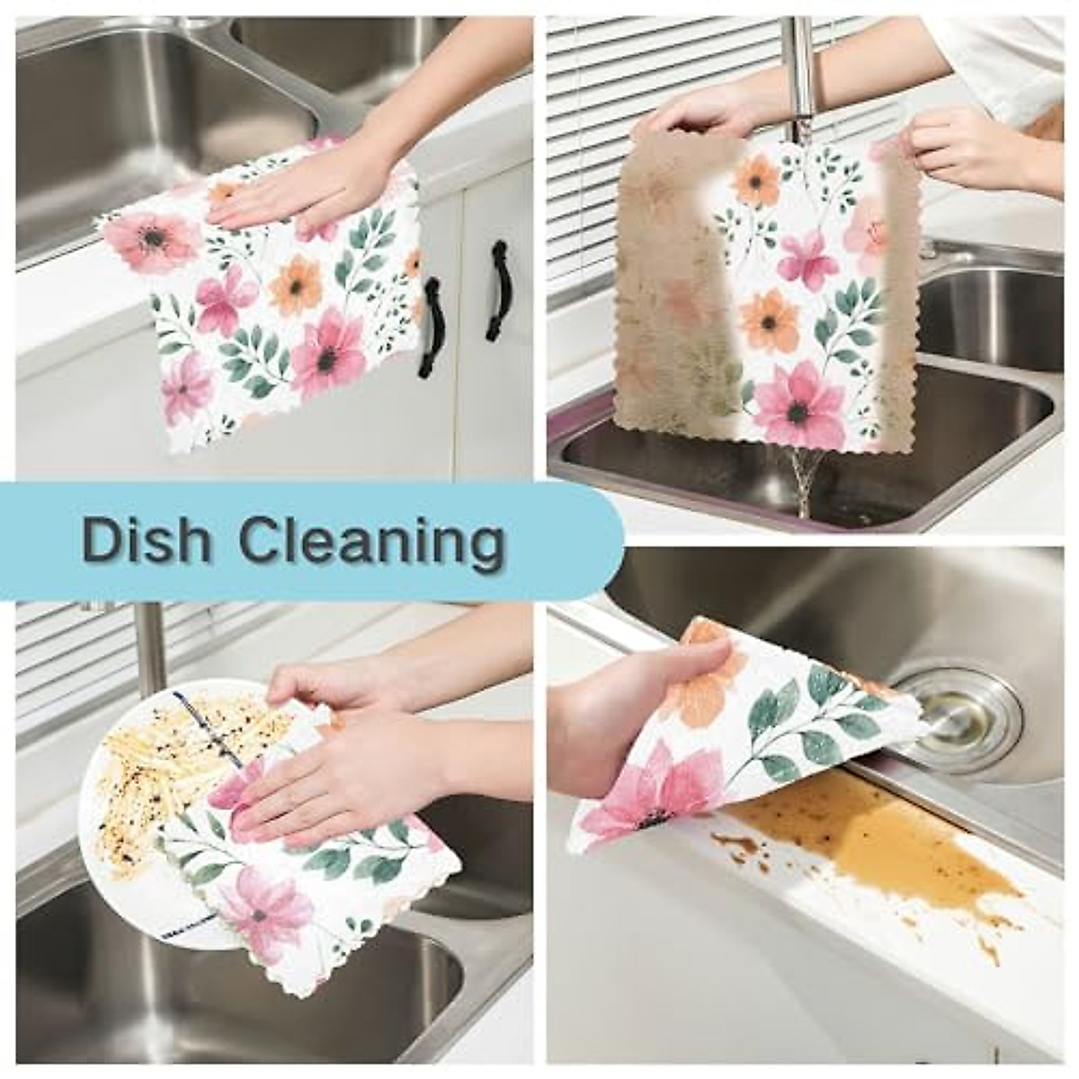 FRODOTGV Watercolor Floral Pattern Kitchen Towels and Dishcloths Sets Microfiber Washcloth Dish Towels Tea Towel Terry Cloth Dish Towels and Dish Cloths Cute Hand Towels for Kitchen