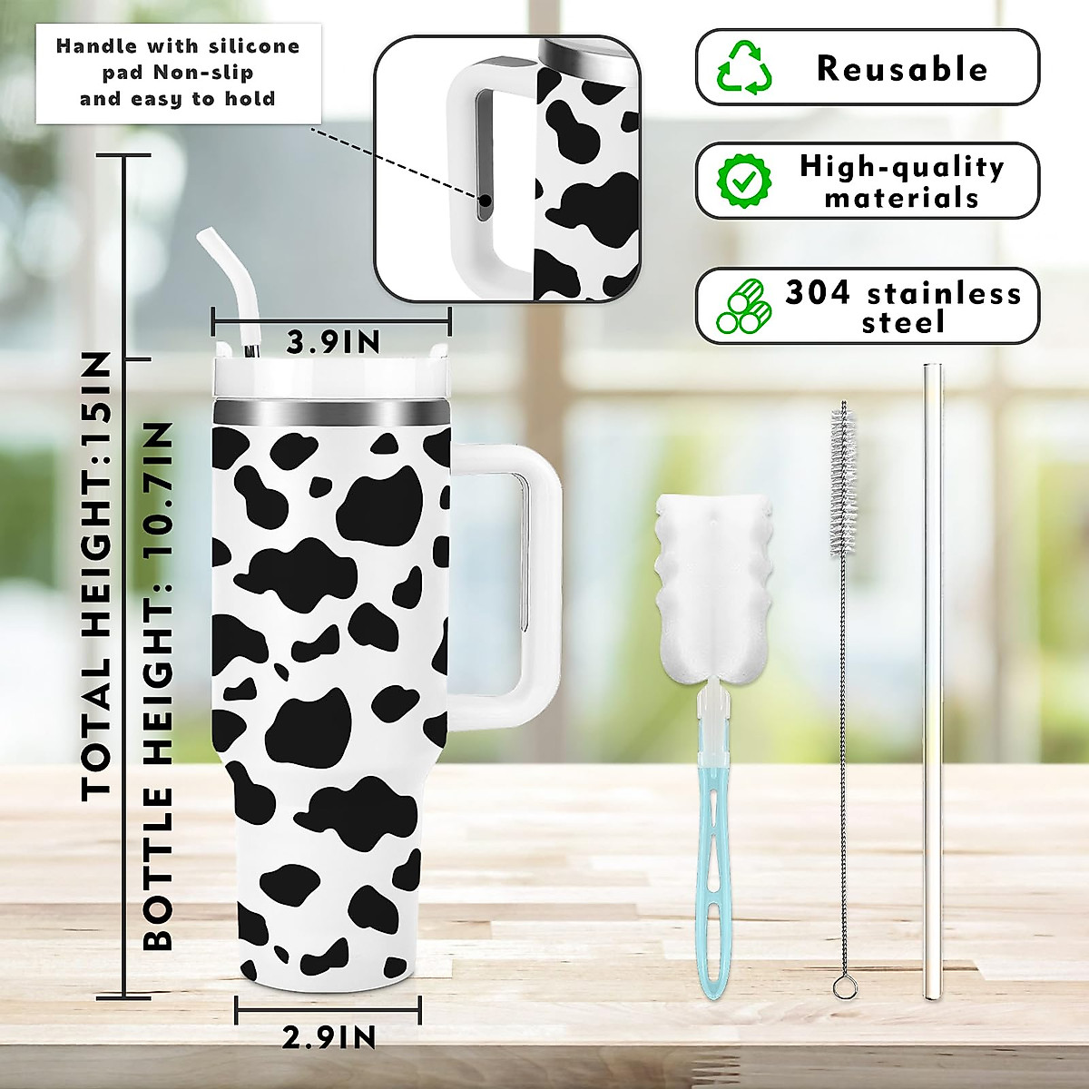 AiHeart 40oz Tumbler with Handle,Spill Proof Lid Straw and Silicone Coaster,Stainless Steel Double Wall Insulated Mug,Travel Coffee Mug, Reusable Water Bottle,Iced Coffee Mug,For Car Cup Rack