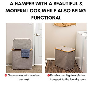 BIRDROCK HOME Bamboo & Canvas Hamper - Single Laundry Basket with Lid - Modern Foldable Hamper - Cut Out Handles - Grey Narrow Design - Great for Kids Adults
