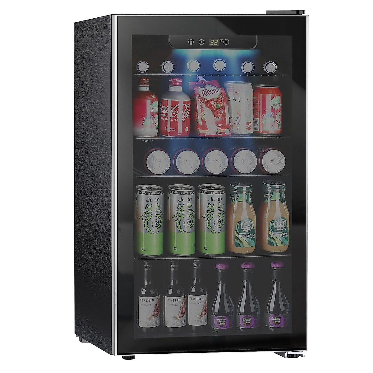 Kndko Mini Beverage Refrigerator and Cooler - 130 Can Mini Fridge with Glass Door, Digital Temperature Control, LED Light, Reversible Door, Perfect for Home, Office, Bar, and Game Room - 3.2 Cu.Ft