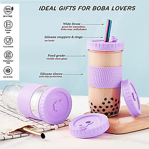 Amyoole 2 Pack Reusable Boba Cup,24Oz Wide Mouth Smoothie Cup,mason Jar Glass Cups with Lids and Straws,Bubble/Boba Tea Cups,Ice Coffee Tumbler 2 colored straws 1 sponge brush(Purple)