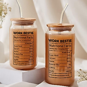 Work Bestie Nutritional Facts Glass Can with Lids And Straw- Work Bestie Definition Friendship, Funny Gift for Friend, Colleagues, Thank You Gift For Coworkers, Birthday Christmas Gifts, Iced Cup 16oz