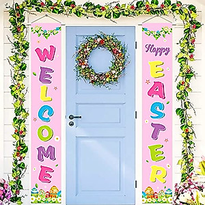 2 Pieces Welcome Happy Easter Banner - Happy Easter Porch Sign | Easter Banners For Front Door, Easter Door Decorations | Easter Decorations Outdoor | Easter Door Banner, Easter Porch Decorations