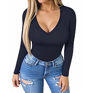 MANGOPOP Bodysuit Tops for Women V Neck Long Sleeve Bodysuits Top